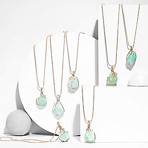 JUNHAN 3PCS Raw Irregular Crystal Pendant Necklace for Women Natural Tumbled Rock Quartz Wrapped Gold Wire Chakra Gemstone Jewelry with 2 Different Chains