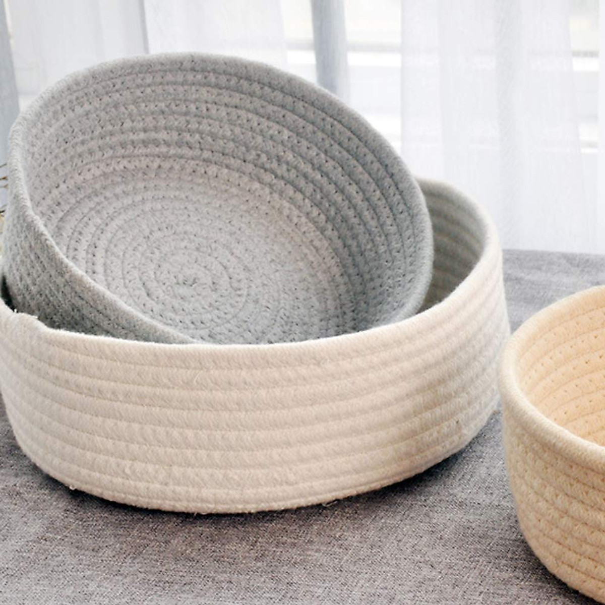 BQEE Cotton Rope Handmade Woven Home Storage Household Candy Toys Storage Basket Sundries Collection Box Candy Snack Food Tray SML Pack of 3 (Round, Grey)