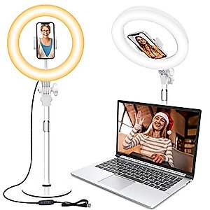 Video Conference Lighting for Laptop Computer, 10.5'' Selfie Ring Light with Stand and Phone Holder for Remote Working, Zoom Meeting Calls, Webcam Lighting, Live Streaming, Video Recording (White)