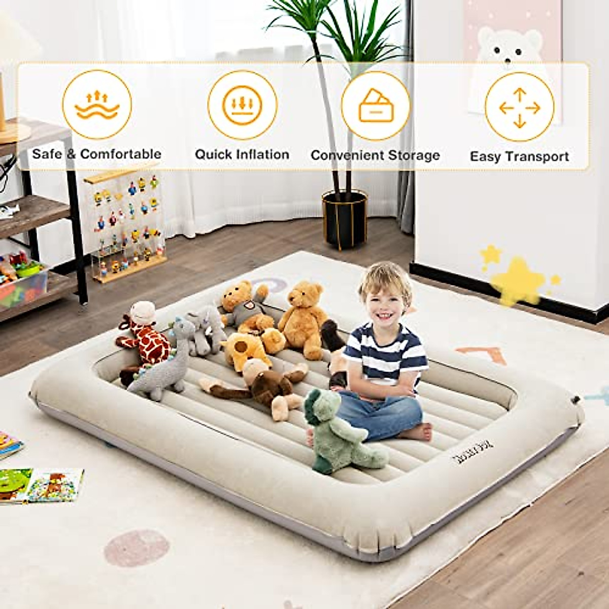 HONEY JOY Inflatable Toddler Travel Bed, Kids Blow Up Air Mattress with Sides, Includes Air Pump, Travel Bag, Repair Kit, Portable Toddler Bed for Travel with Safety Bumpers (Gray)