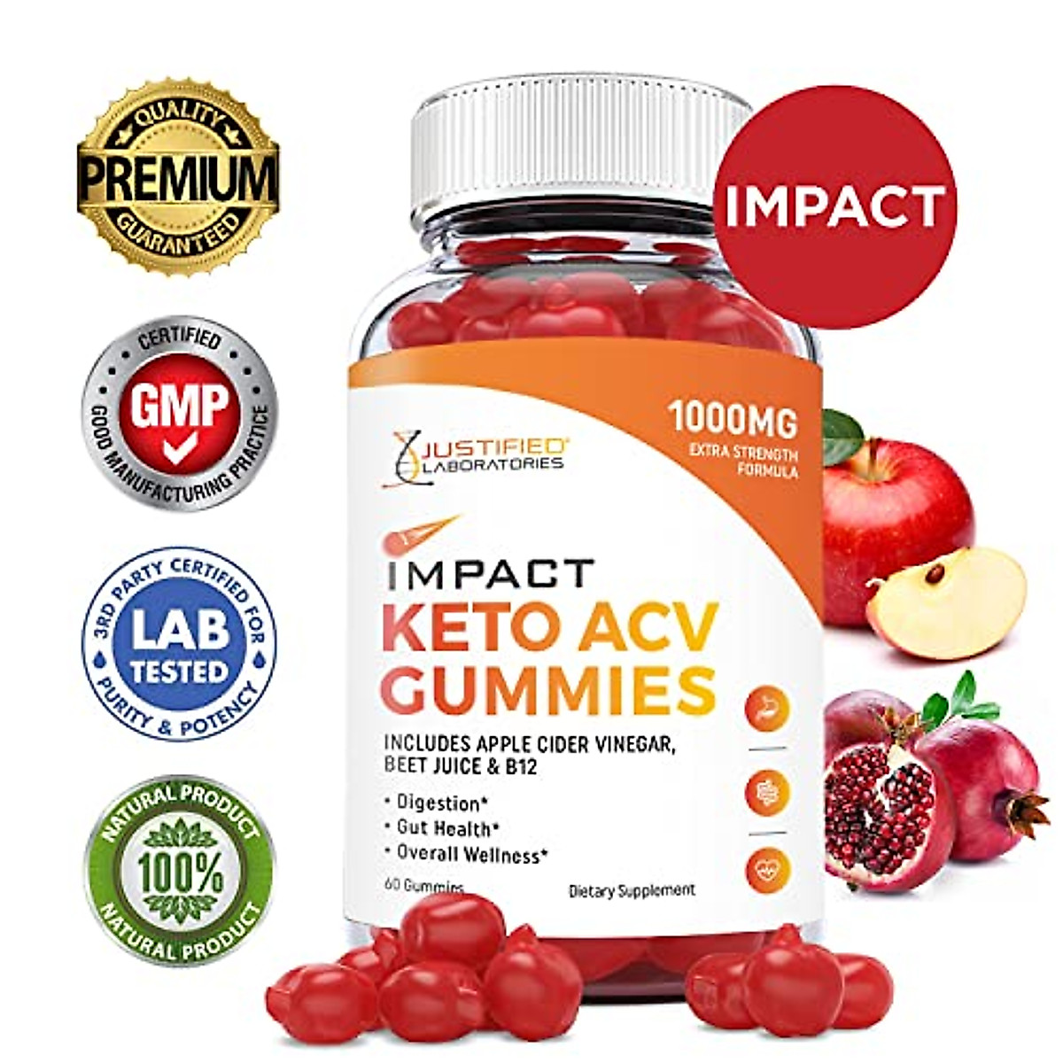 Justified Laboratories Impact Keto ACV Gummies 1000MG with Pomegranate Juice Beet Root B12 60 Gummys