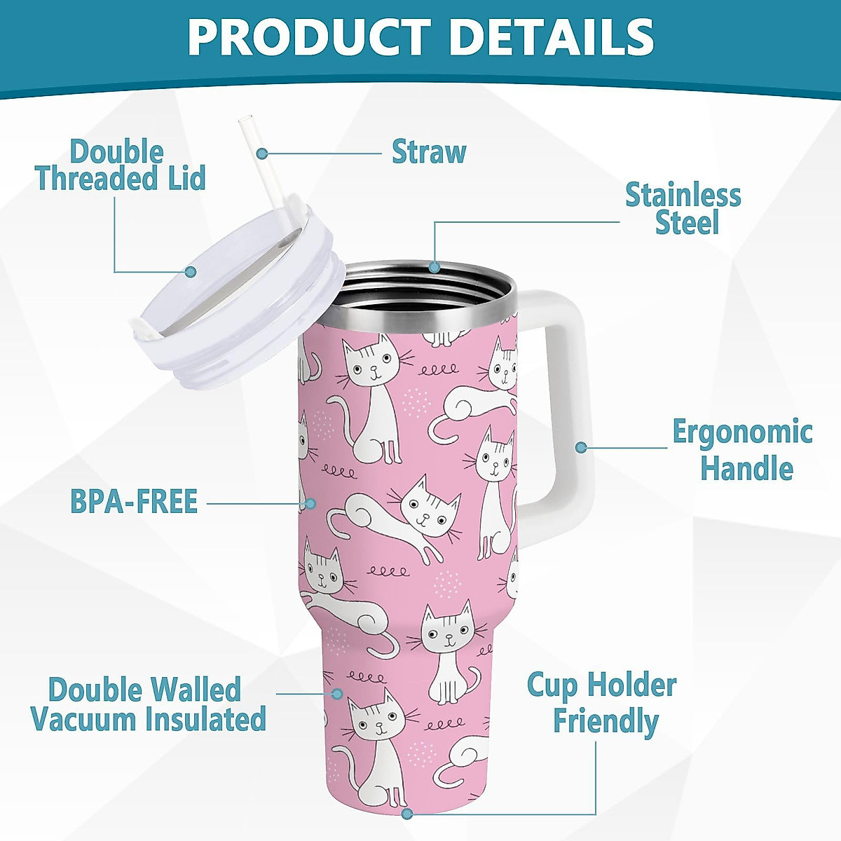 Cute Cat Cartoon Pink Tumbler with Handle and Straw Lid, Animal 40 oz Insulated Coffee Cup Stainless Steel Water Bottle Travel Mug Cupholder Friendly,Gifts for Women Men