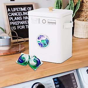 Skywin Metal Laundry Pod Container with Lift-Up Lid Wooden Handle - Laundry Pod Storage Container for Laundry Room Organization Laundry & Dishwasher Pod Laundry Container (White)