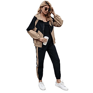 SweatyRocks Women's 2 Piece Outfits Long Sleeve Full Zip Jacket and Pants Tracksuit Set Khaki Black XL