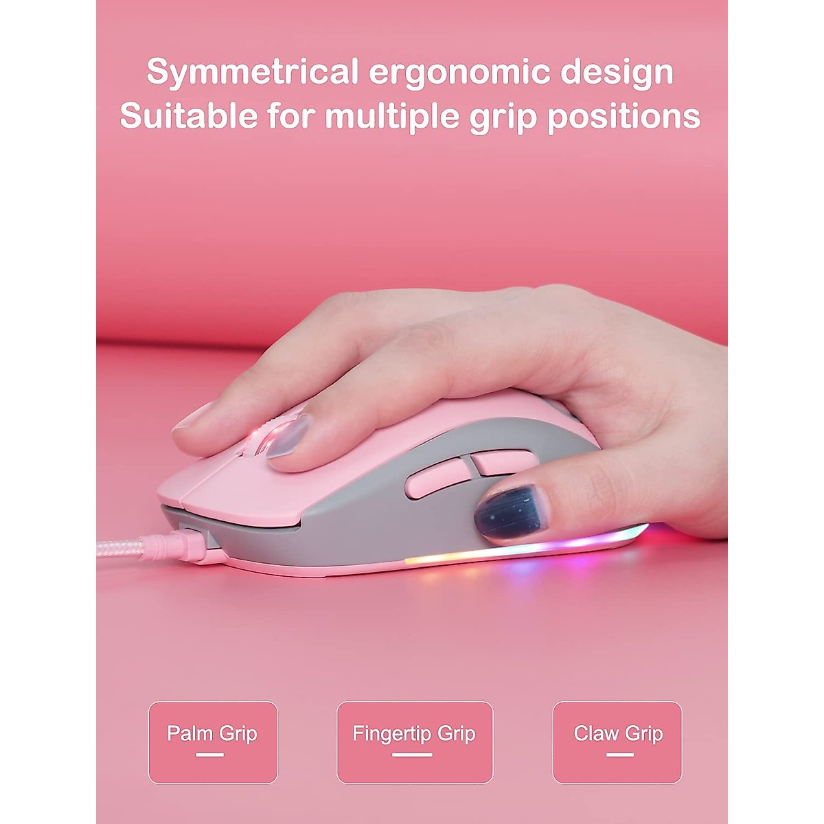 PHNIXGAM Cat Paw RGB Gaming Mouse, Silent Optical Computer Mice USB Wired with 6 Adjustable DPI Up to 7200, RGB Lighting, 6 Programmable Buttons for Windows/Vista/Linux (Pink)
