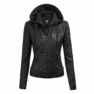 Lock and Love LL WJC1044 Womens Faux Leather Quilted Motorcycle Jacket with Hoodie L BLACK