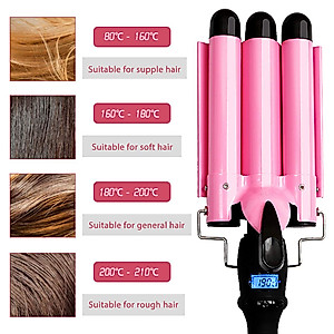 3 Barrel Curling Iron Wand Hair Crimper with Dual Voltage, 1 Inch Hair Waver Iron with LCD Temp Display, Ceramic Tourmaline Crimper Hair Iron, Hair Curler Temperature Adjustable