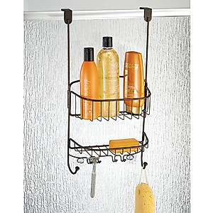 mDesign Steel Over Door Hanging Shower Caddy Storage Organizer with 2 Baskets, 6 Hooks - Shower Shelf Rack for Bathroom - Holds Shampoo, Conditioner, Soap, Towel, Sponge - Draper Collection - Bronze