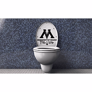 MINISTRY OF MAGIC THIS WAY Decal Die Cut Vinyl Funny Humor Quote, | FREE SWITCH DECAL | , Black, 7.5 Inches Bathroom Toilet Seat Sticker.