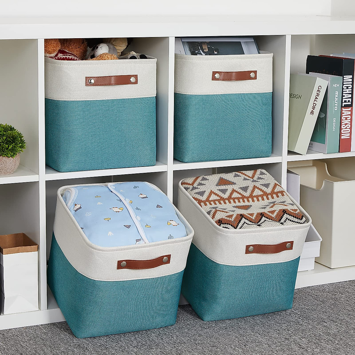 HNZIGE Fabric Storage Cube Bins Baskets for Organizing, 11 inch Cube Storage Bins, Set of 8, Collapsible Storage Bin with Handles, Closet Organizers and Storage Home Toy Nursery Bedroom(White Teal)