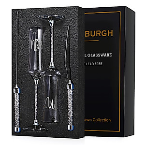 ROXBURGH Wedding Champagne Flutes and Cake knife Server Set, Mr and Mrs Champagne Flutes Glasses for Bride and Groom Cake Cutting set for Wedding Engagement Gifts
