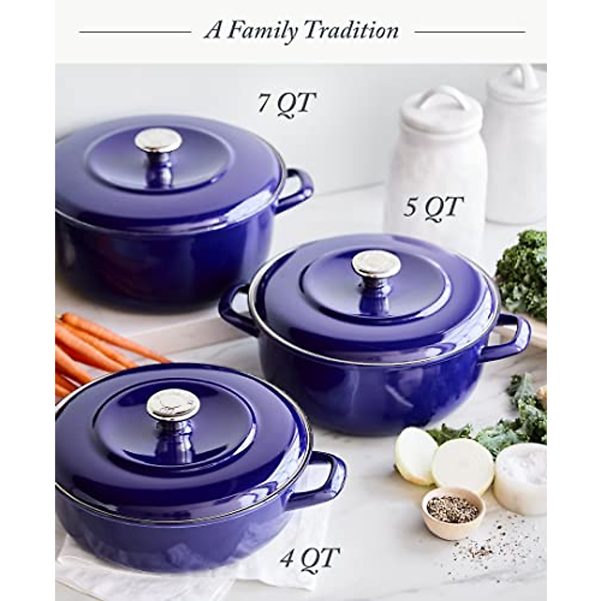 Merten & Storck European Crafted Enameled Iron, Round 7QT Dutch Oven Casserole with Lid, Cobalt Blue