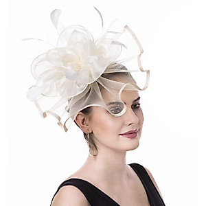 Fascinator Women's Organza Church Kentucky Derby British Bridal Tea Party Wedding Hat Summer Ruffle Hat, Medium(HJ2-Beige Flower)