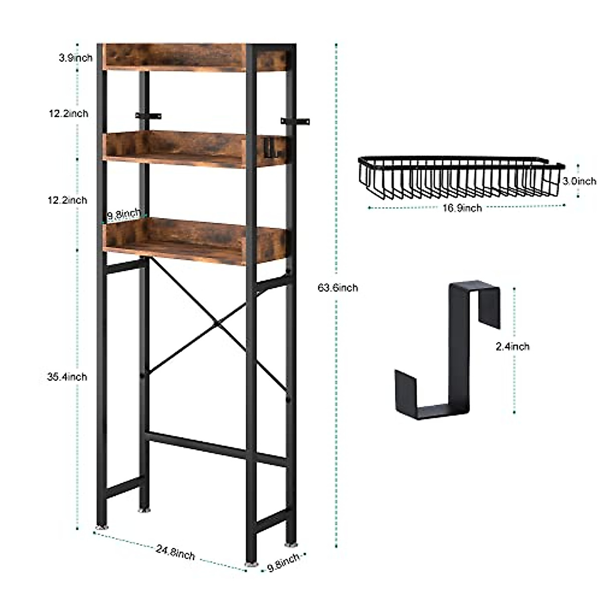 NicQliear Over The Toilet Storage Rack - 3-Tier Bathroom Organizer Shelf Over Toilet - Bathroom Space Saver Above The Toilet with 2 Hooks and 1 Toilet Paper Storage - Rustic Brown