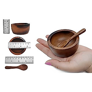 MINIATURE DOLL SIZE Tiny 2¾" Dia Acacia Calabash Wood Bowl for Condiments, Dip Sauce, Nuts, Ketchup, Jam, Herb, Prep, Olive, Salsa, Round Wooden Brown Bowl 2.75"x1.5" H Set of 4 (FREE 4 Wood Spoons)