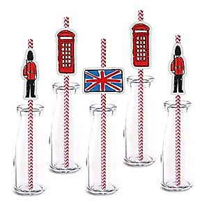 London Themed Party Straw Decor, 24-Pack Baby Shower Or Birthday British UK Party Supply Decorations, Paper Decorative Straws