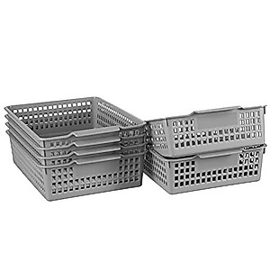 Krihan Plastic Storage Basket - 6 Pack Organizing Baskets, Gray Organizer Bins with Handles, Weave Storage Baskets for Organizer Desktop Cosmetic Files Paper Letter, Fit for Home Kitchen Bathroom