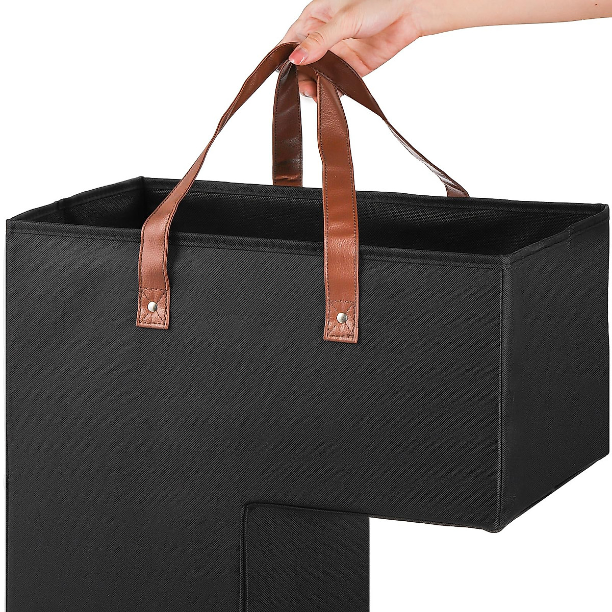 WUWEOT L-shaped Stair Basket, Foldable Stair Step Basket Organizer, 16" Large Capacity Staircase Storage Bin with Leather Handles and Internal Support for Carpeted Stairs and Wooden Stairs