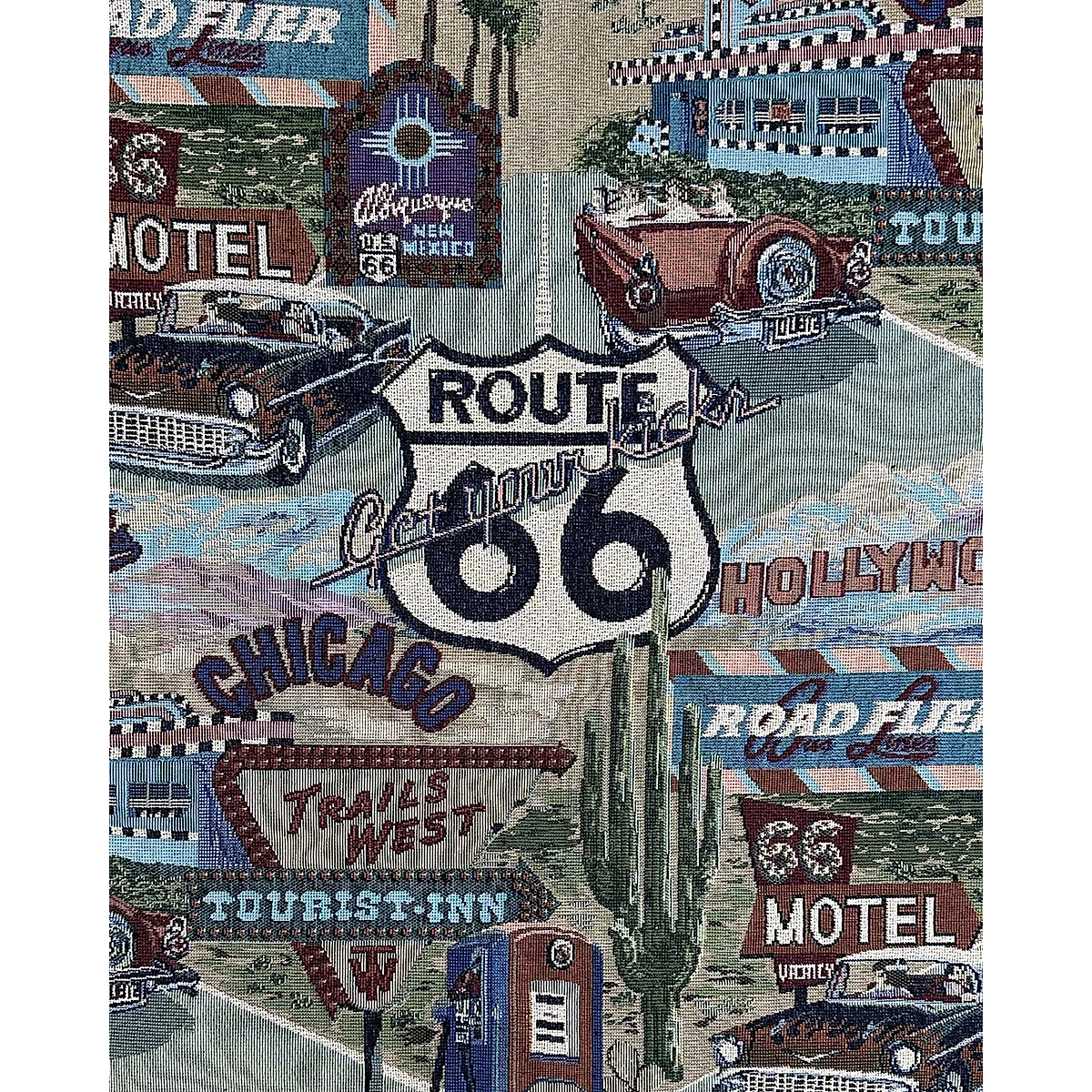 FABRIC EMPIRE - Classic Retro Route 66 Inspired Tapestry Fabric, Motel, Diner, Gas Station Theme - 56" W, Sold by The Continuous Yard, Tote Bags, Accent Pillows, Upholstery (Large, Route 66 Logo)