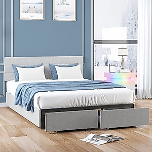 ZAFLY Platform California King Size Bed Frame with Linen Adjustable Headboard,Cal King Bed Frame with 2 Storage Drawers,Wooden Slats Support,No Box Spring Needed,Easy Assembly,Light Grey
