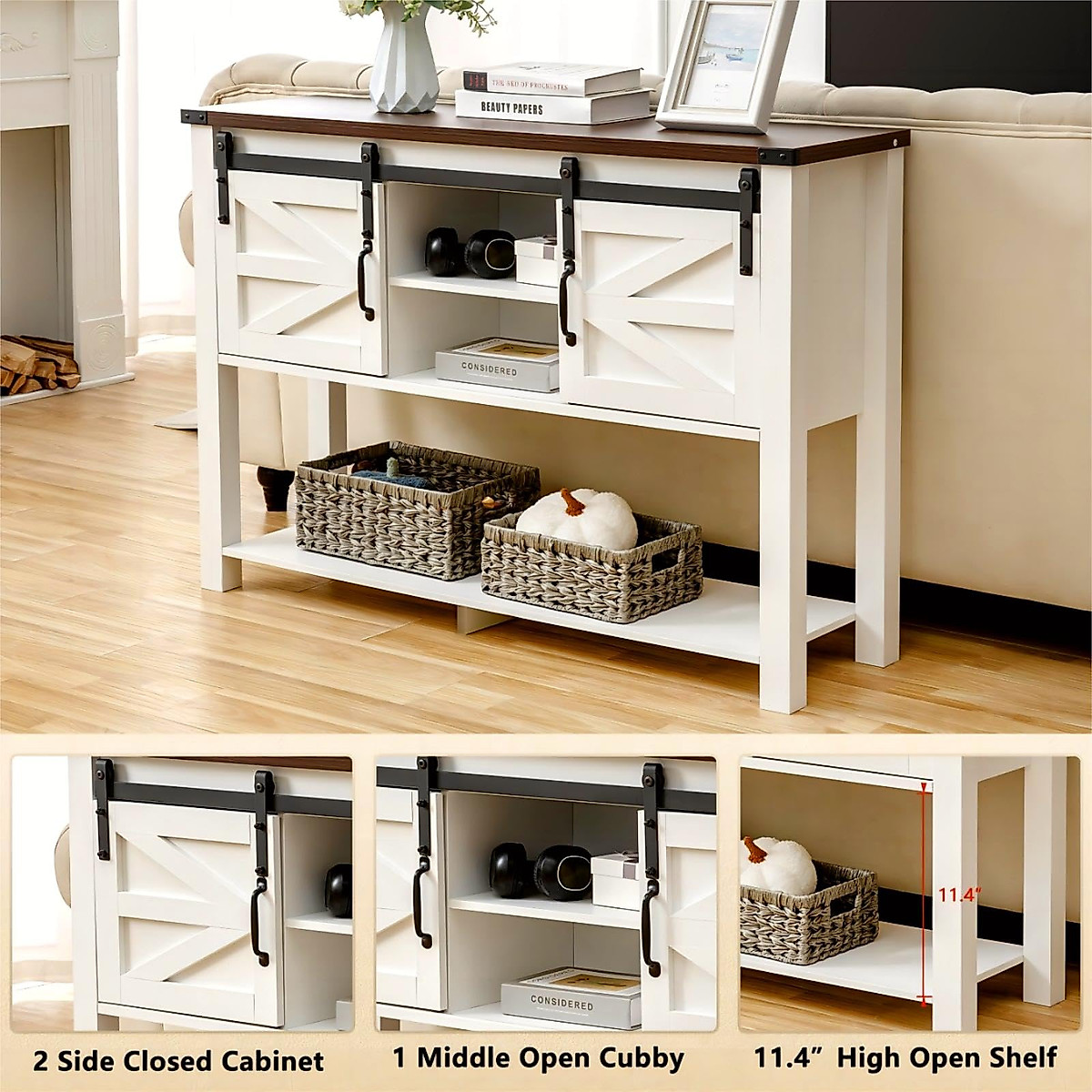 GAZHOME Entryway Table with Sliding Barn Doors, 46'' Farmhouse Console Table with Storage, Rustic Sofa Table with Adjustable Shelf & Open Shelf for Entry Way, Hallway, Living Room, White