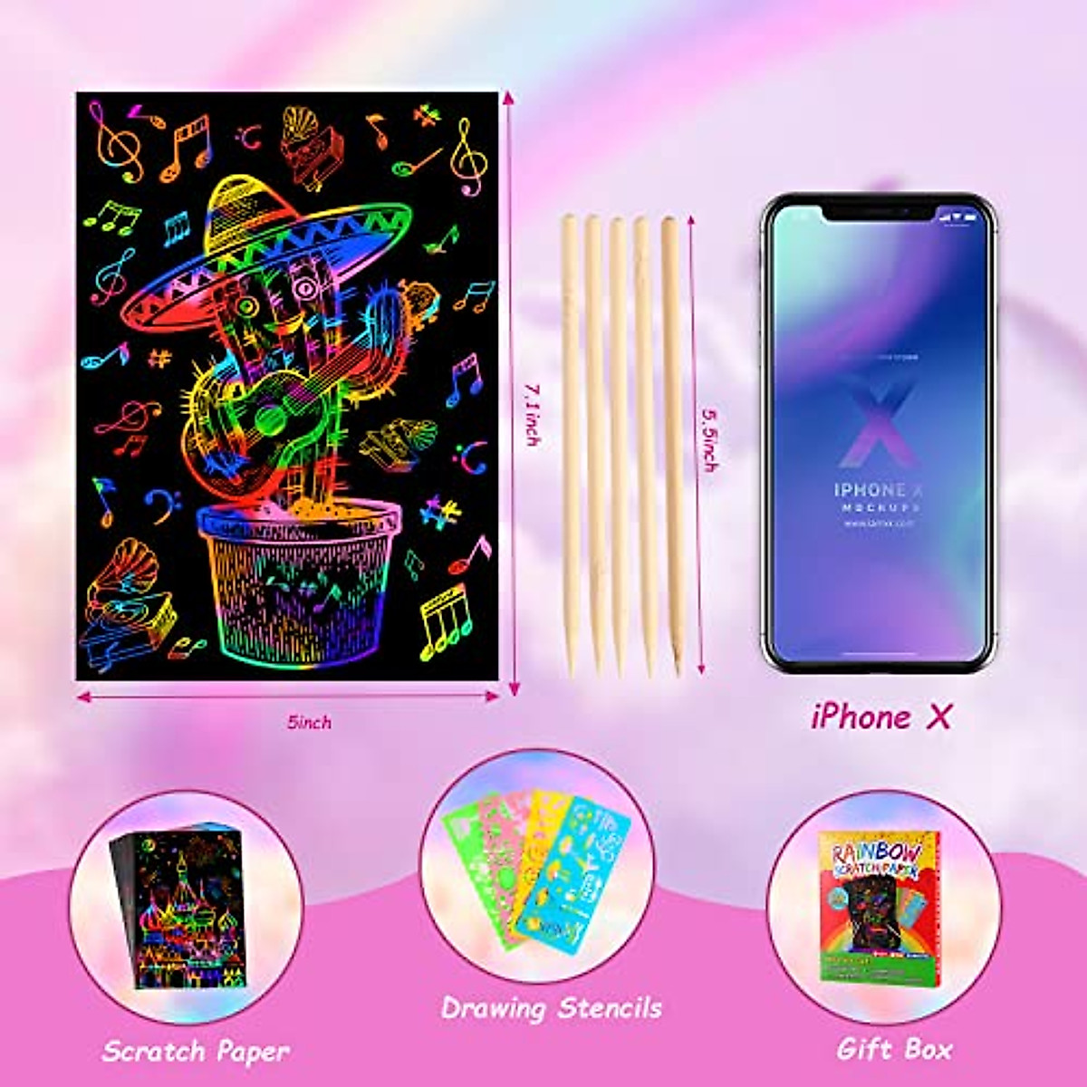 Scratch Art for Kids - 50 Pcs Black Scratch Off Art Paper, Rainbow Scratch Art with 5 Stylus and 4 Stencils, 4.9" X 7.1", Arts and Crafts for Kids Party Games Easter Christmas Birthday - Cactus