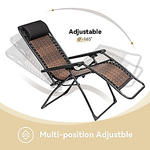 Incbruce Zero Gravity Folding Recliner Chair, Adjustable Patio Lounge Chaise, Outdoor Wicker Rattan Furniture with Cup Holder and Pillow for Poolside, Yard, Beach (Brown)
