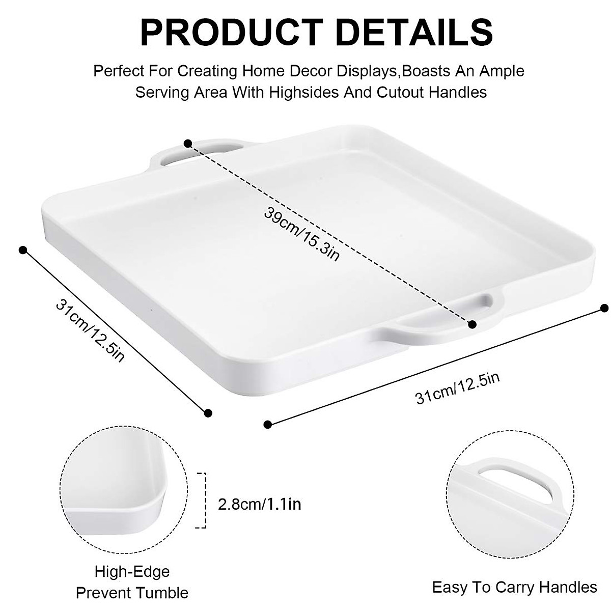 HSDT Square Serving Trays with Handles Melamine White 12.5x12.5 Inch Spill Proof Kitchen Eating Trays Set of 2 for Cafeteria Cafe Food Appeizer Dessert Snack Dinner Lunch Breakfast,TR14-02