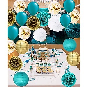 Furuix Bride Shower Decorations Bride to Be Banner White Teal Gold Tissue Pom Pom Paper Lanterns Tassel Garland for Hen Party/Bachelorette Party Decorations Kit - Bridal Shower Supplies