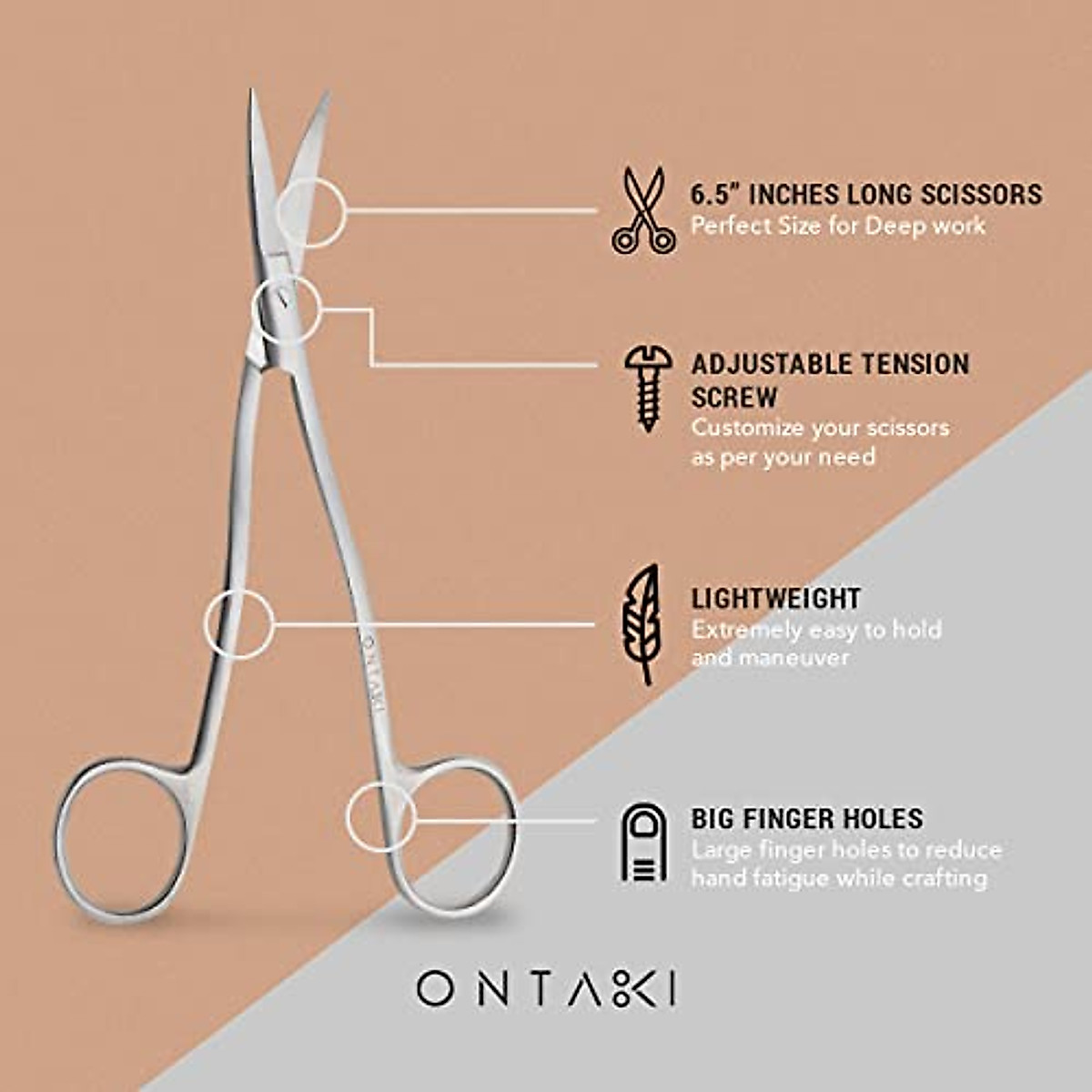 ONTAKI Dual Bent Machine Embroidery Scissors 6.5" - Premium German Steel Applique Fabric Scissors Angled Handle And Curved Razor-Sharp Small Tip For Optimal Precision Stitches, Crafting, Sewing-Silver