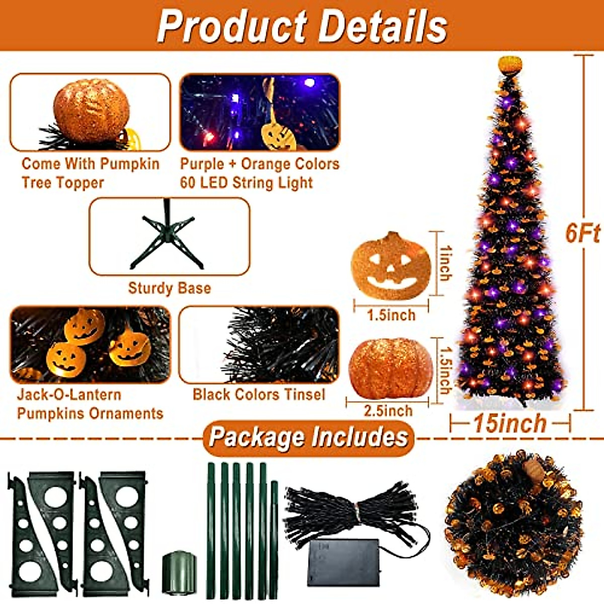 6 Ft 60 LED Tinsel Halloween Tree Decor with Orange & Purple Lights Timer Black Tinsel Christmas Tree Bats Battery Operated Pop Up Artificial Tree Indoor Outdoor Halloween Decorations Home Party