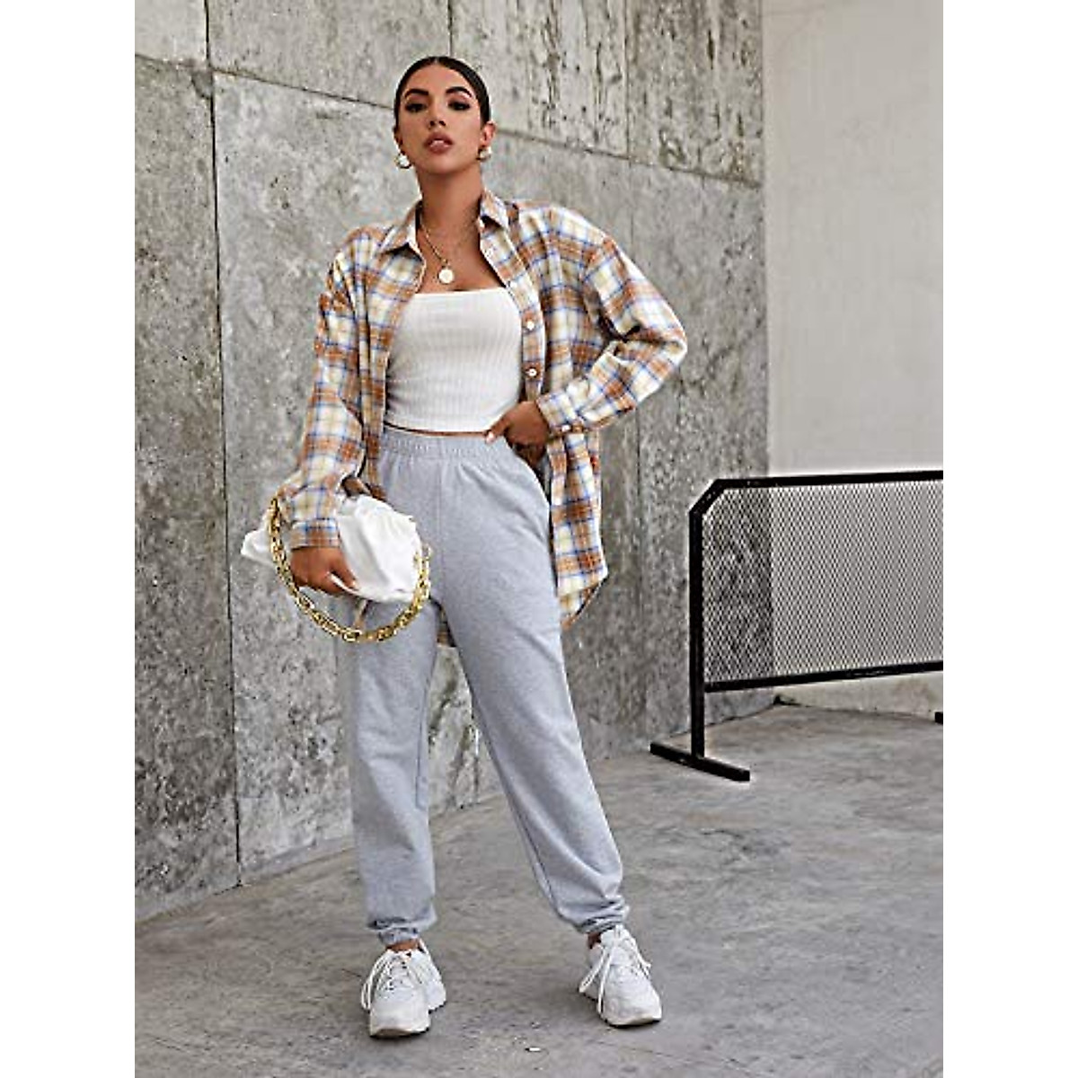 MakeMeChic Women's Plaid Shirts Oversized Flannels Shacket Jacket Multi Camel Small