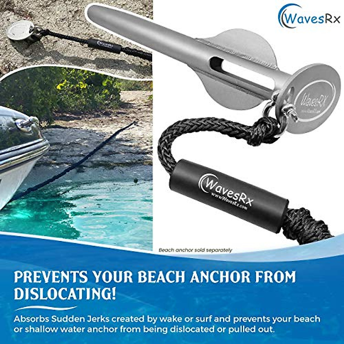 WavesRx 14'-50' AnchorMate Bungee Line | Safer Anchoring for Boats & Pontoons | Elastic Rope Extends to Absorb Wake Tugs and Keep Anchor from Dislocating | Includes Bag, Stainless Steel Hook & D Ring