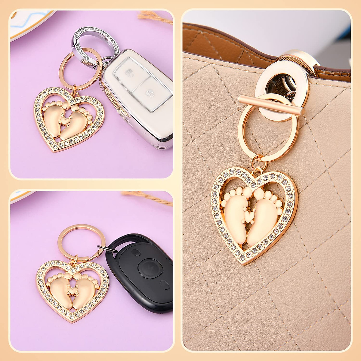 24 Pieces of Caring Foot Design Keychain and Keyring Favored for Baby Showers and Weddings, Party Gifts, Souvenirs or Decorations, with Labels and Silk Bags