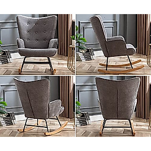 VESCASA Linen Rocking Chair with Tufted Wingback，23.5" Wide Midcentury Modern Indoor Glider Rocker with Arms for Nursery/Reading/Living Room/Bedroom, Grey