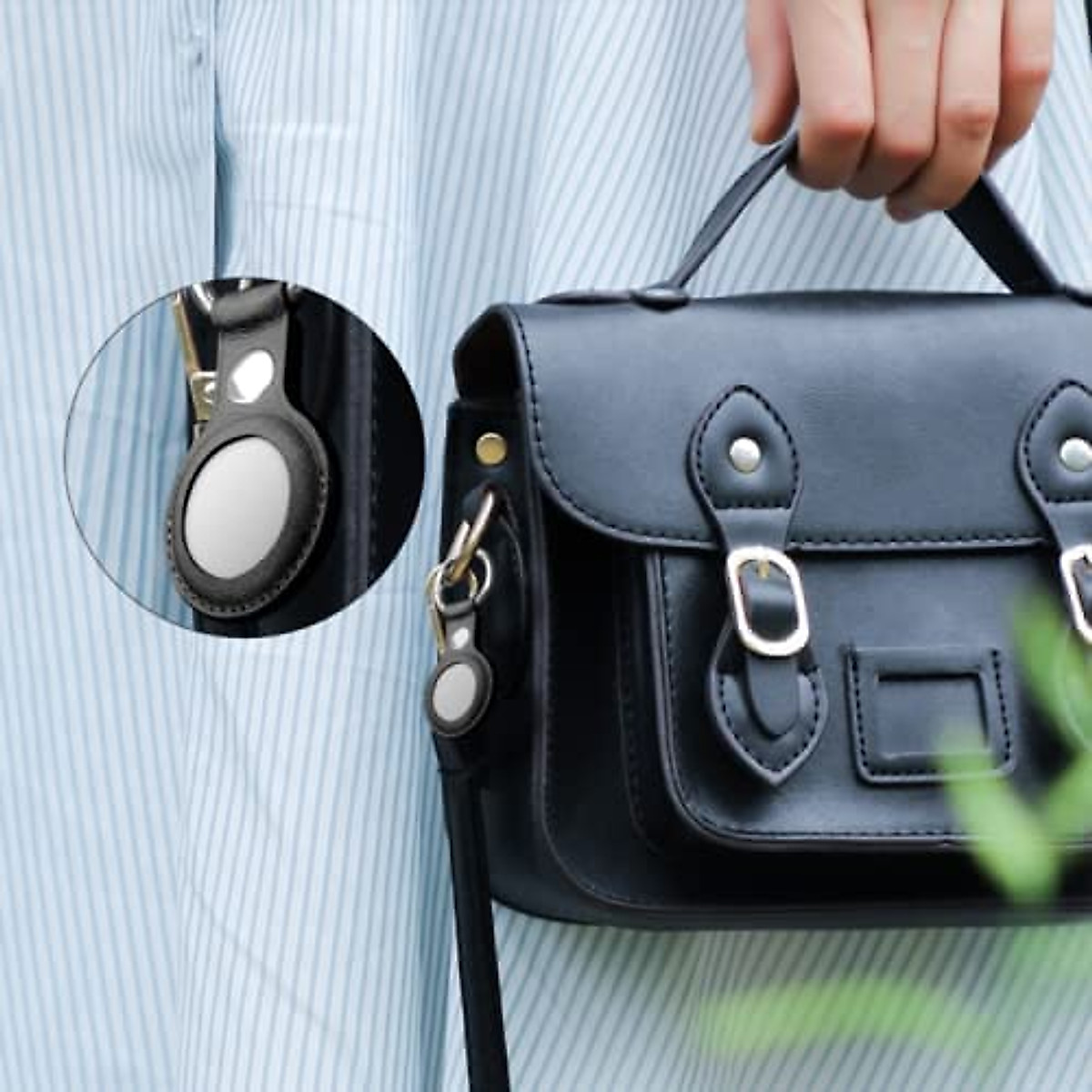 Airtag Leather Case GPS Leather Case Anti Scratch Protective Skin Protective Cover with Key Chain Easy to Connect with Key, Backpack and Clothing Bag(Black)