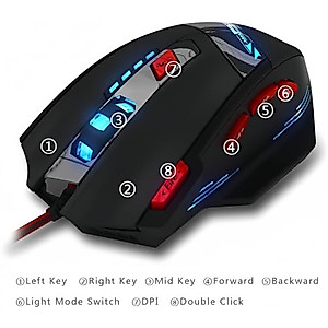 zelotes T90 Gaming Mouse 9200 DPI, 8 Programmable Buttons Multi-Modes LED Lights USB Gaming Mice, Weight Tuning for Laptop, Desktop, PC,- Black