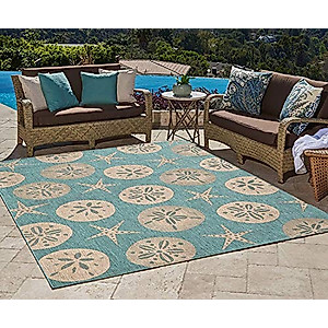 Gertmenian Indoor Outdoor Area Rug, Classic Flatweave, Washable, Stain & UV Resistant Carpet, Deck, Patio, Poolside & Mudroom, 5x7 Ft Standard, Sand Dollar Starfish, Oasis Green, 21268