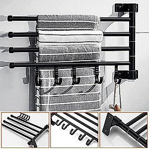 Swivel Towel Rack, 4-Arm Bathroom Wall Mounted Swivel Towel Bars Holder with Hooks Rustproof 180° Rotation Towel Organizer for Bathroom Kitchen
