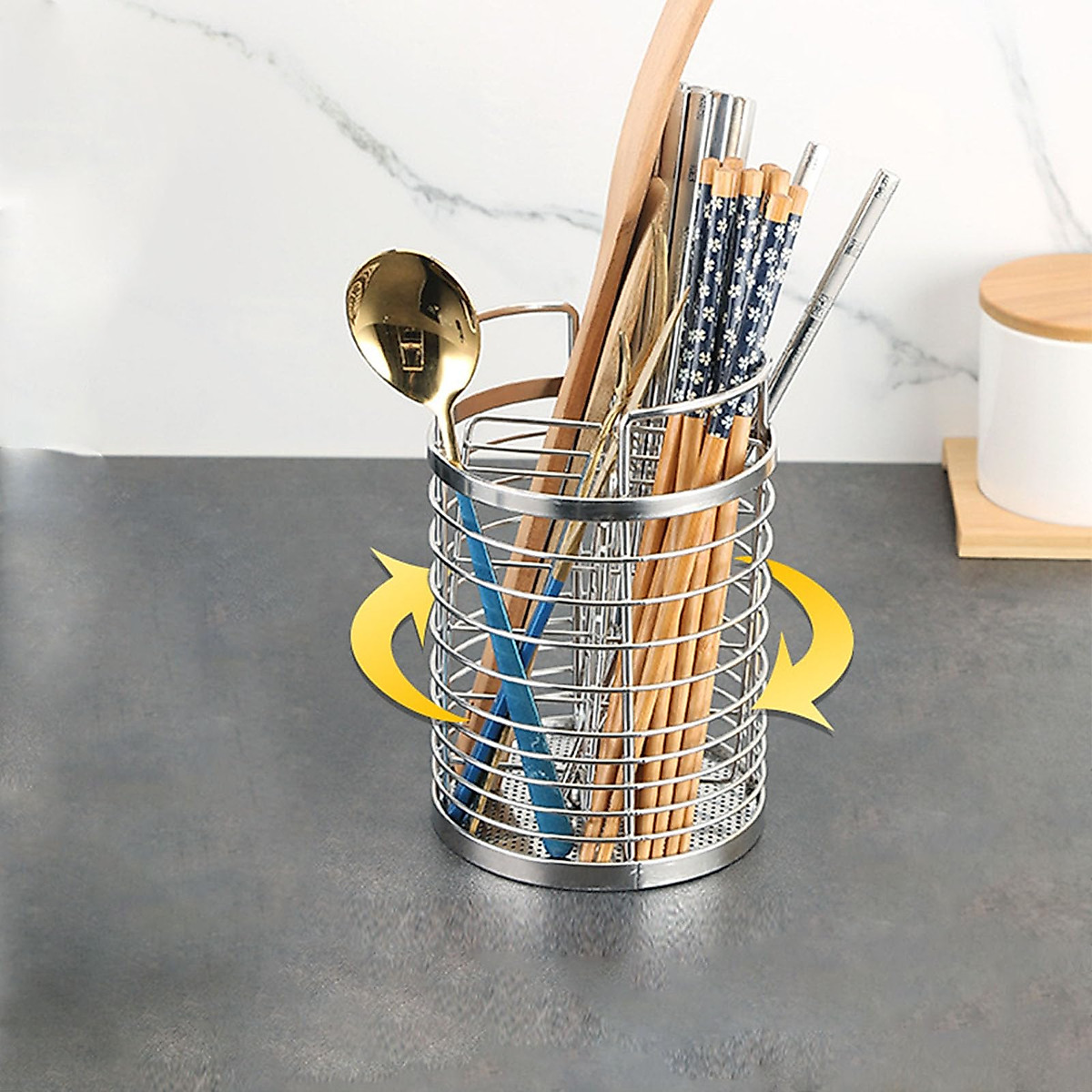 BESSKON Kitchen Utensil Holder for Countertop, 4 Compartment Stainless Steel Cooking Utensils Holder for Spatula, Spoon and Fork, Cutlery Silverware Caddy Party Picnic Flatware Holder 4.1" x 6.2"