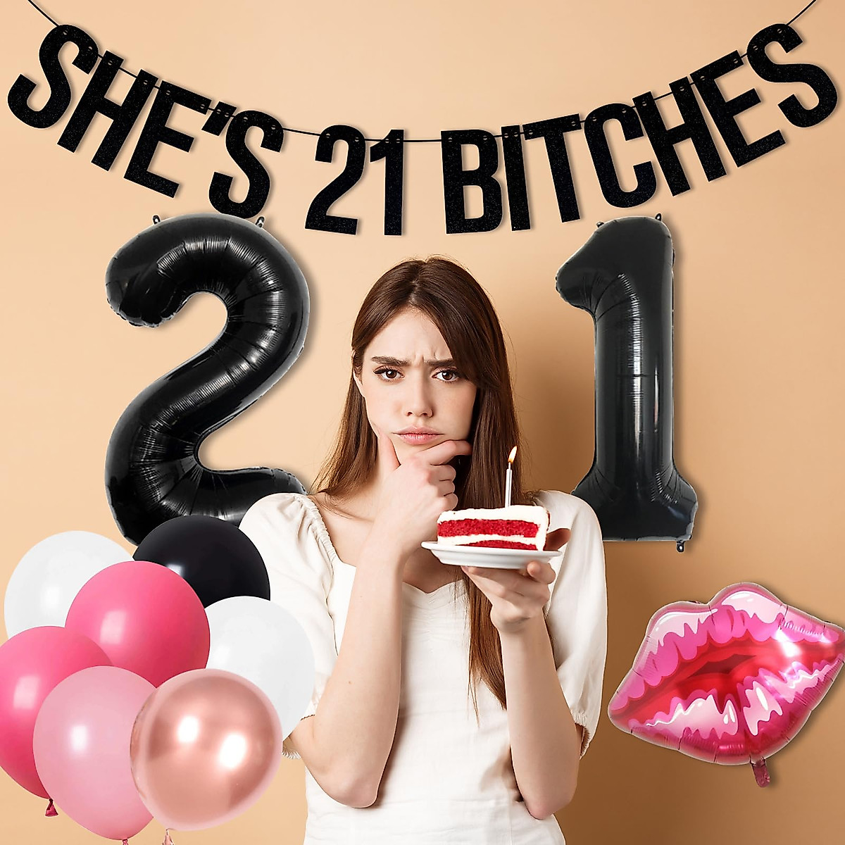 21st Birthday Decorations for Her, Black Pink 21st party Decorations for Women, Black 21 Balloon Number, Banner for Finally 21 Party Supplies