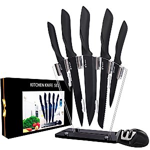 HISSF Chef Knife Set 7 Piece,Black High Carbon Stainless Steel Kitchen Knife Sets with Block Acrylic, Knife Block Set with Knife Sharpener Professional,Non Stick Coating for Rust Proof and Sharp