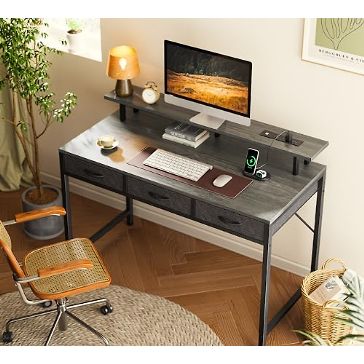 Huuger 47 inch Computer Desk with 3 Drawers, Office Desk Gaming Desk with LED Lights & Power Outlets, Home Office Desks with Storage Space for Bedroom, Work from Home, Gray