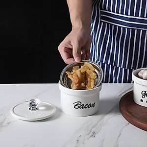 Bacon Grease Container Keeper with Crystal Lid and Strainer, 12 oz Ceramic Frying Oil Storage Can Container for Countertop,Farmhouse Kitchen Decor (Silver)