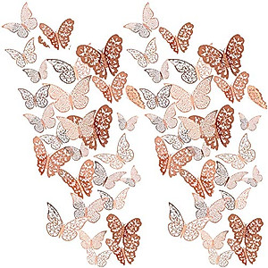 Senkary 72 Pieces (3 Sizes 3 Styles) Rose Gold 3D Butterfly Wall Stickers Wall Decorations Removable Metallic Paper Decals for Home Kids Bedroom Nursery Decor