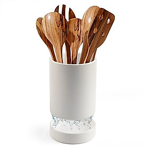 ALYSTER kitchen Utensil Holder for Countertop with Drain Tray, White Utensil Holder Utensil Crock Ceramic Cooking Utensil Holder for Kitchen/Counter Farmhouse/Décor (1)