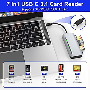 USB C Multi Card Reader, XD/MS/SD/TF/CF Type-C 5Gps High Speed 7-in-1 XD Picture Card Adapter for SDXC TF Micro SD CF MS MMC Card, Sony Memory Stick Pro Duo Adapter Read 5 Cards Simultaneously
