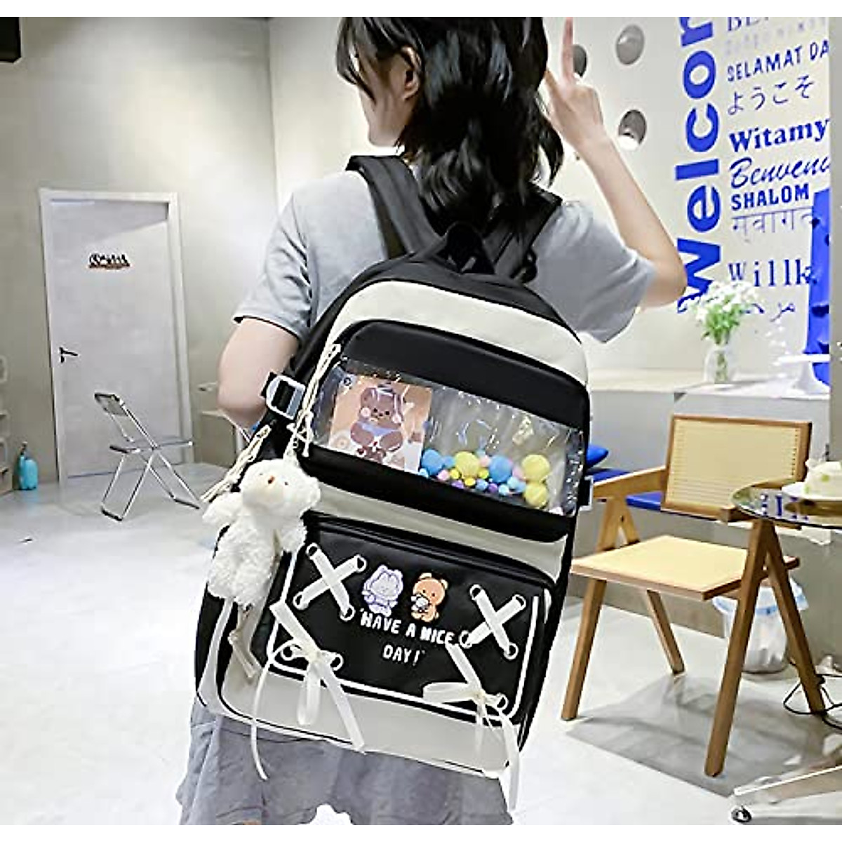 DUOBAOYU 5PCS Kawaii Backpack Set with Cute Pendants and Pins Accessories Aesthetic Rucksack for Teen Girls 17in Cute School Bags Bookbag with Shoulder Bag,Pencil Box,Tote Bag,Small Bag,Black