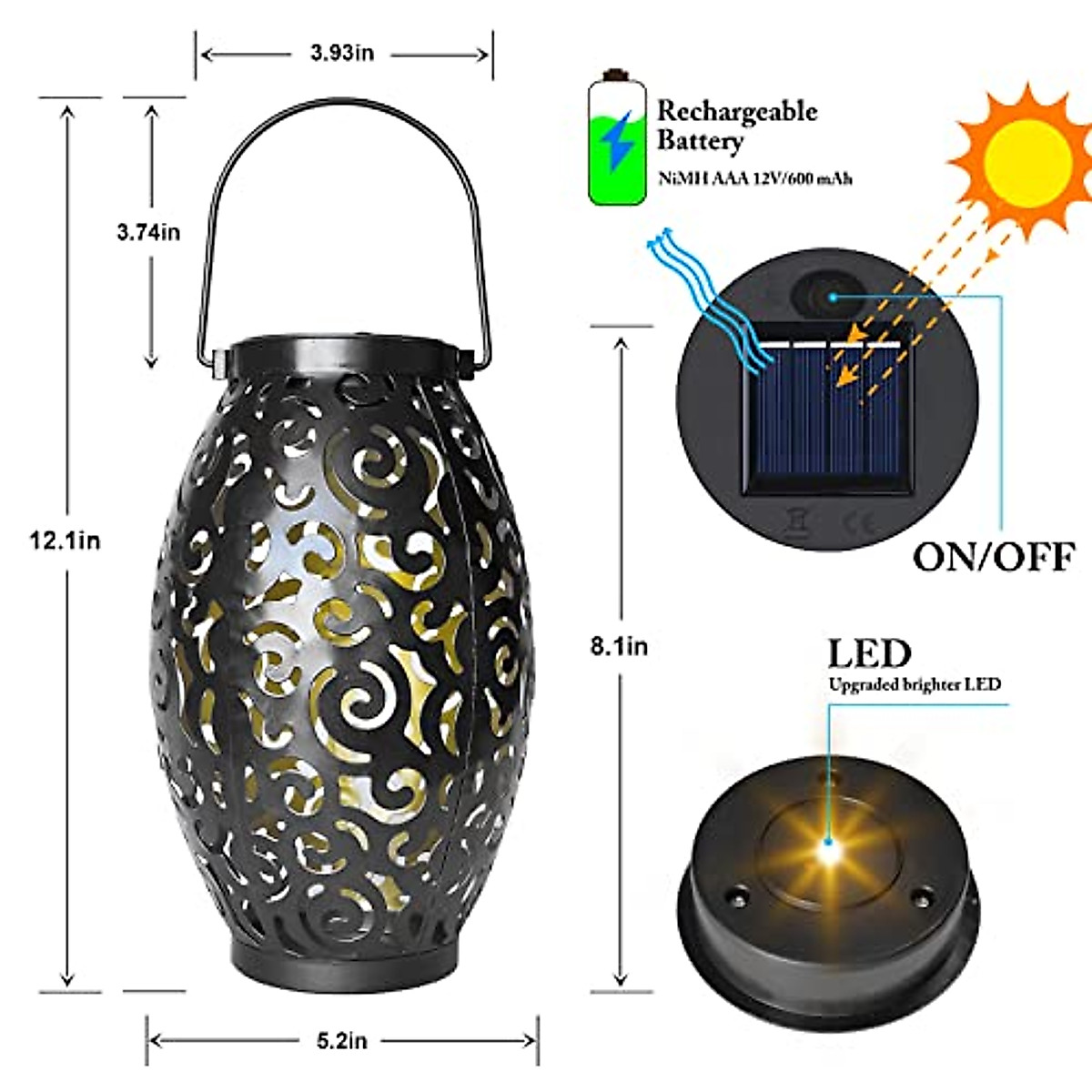 2 Pack Solar Lanterns Outdoor Waterproof - Metal Hanging Solar Lights, Solar Powered LED Lantern Decorative for Patio Yard Porch Pathway Walkway Tabletop Lawn and Garden Lighting (Black)