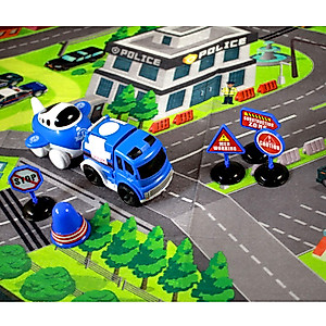 Kidplokio 8pc City Transport Playmat Set Friction Power Police Cars Boys 3 and Up